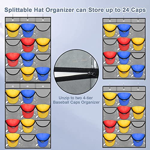 huspossesser Hat Racks for Baseball Caps, Hat Organizer 24 Deep Pockets, Splitable Hat Rack for Wall, Over the Door Hat Hanger for Closet with 4 Hooks, Hat Storage Holder