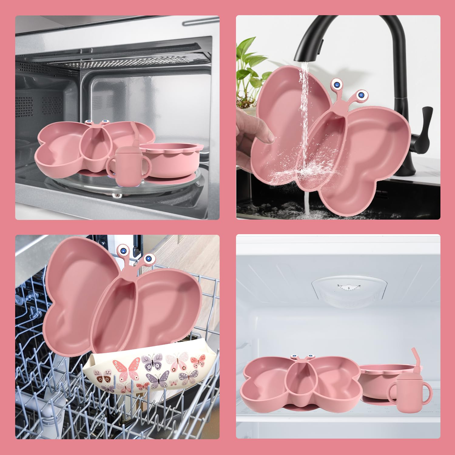 Light Mauve - Butterflies, Silicone Feeding Set | 8 Pcs Baby Led Weaning Supplies, Including Bib, Bowl, Plate, Training Cup, 1 Silicone Spoon & Fork Set, and 1 Stainless Steel Spoon & Fork Set