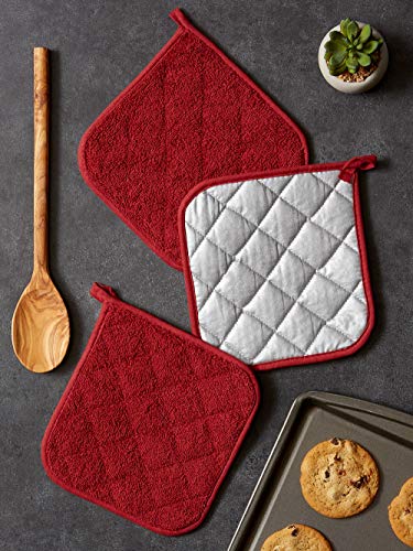 DII Basic Terry Collection Quilted 100% Cotton, Potholder, Barn Red, 3 Piece