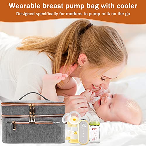 Partreko Wearable Breast Pump Bag with Insulated Pocket, Compatible with Most Breast Pumps for Medela, Elvie, Willow, Momcozy, 2 Layer Pump Bag with a Waterproof Mat & 3 Adjustable Dividers (Gray)