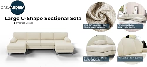 Casa Andrea Milano BOUCLÉ U-Shape Sectional Sofa, Luxury Couch with Extra Wide Chaise Lounge, Couch for Living Room Apartment Lounge, Cream Boucle