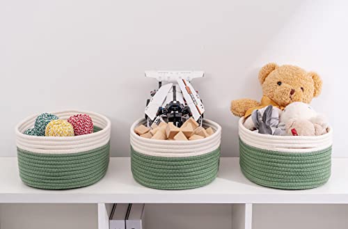 Kriitools Shelf Storage Baskets for Organizing|Cute Basket for Closet&Blanket Storage|Small Woven Baskets to Store Toys,Books,etc.-13x8.66x5.11ββ Cotton Rope,Stylish,Oval 3 Packs Off White&Green