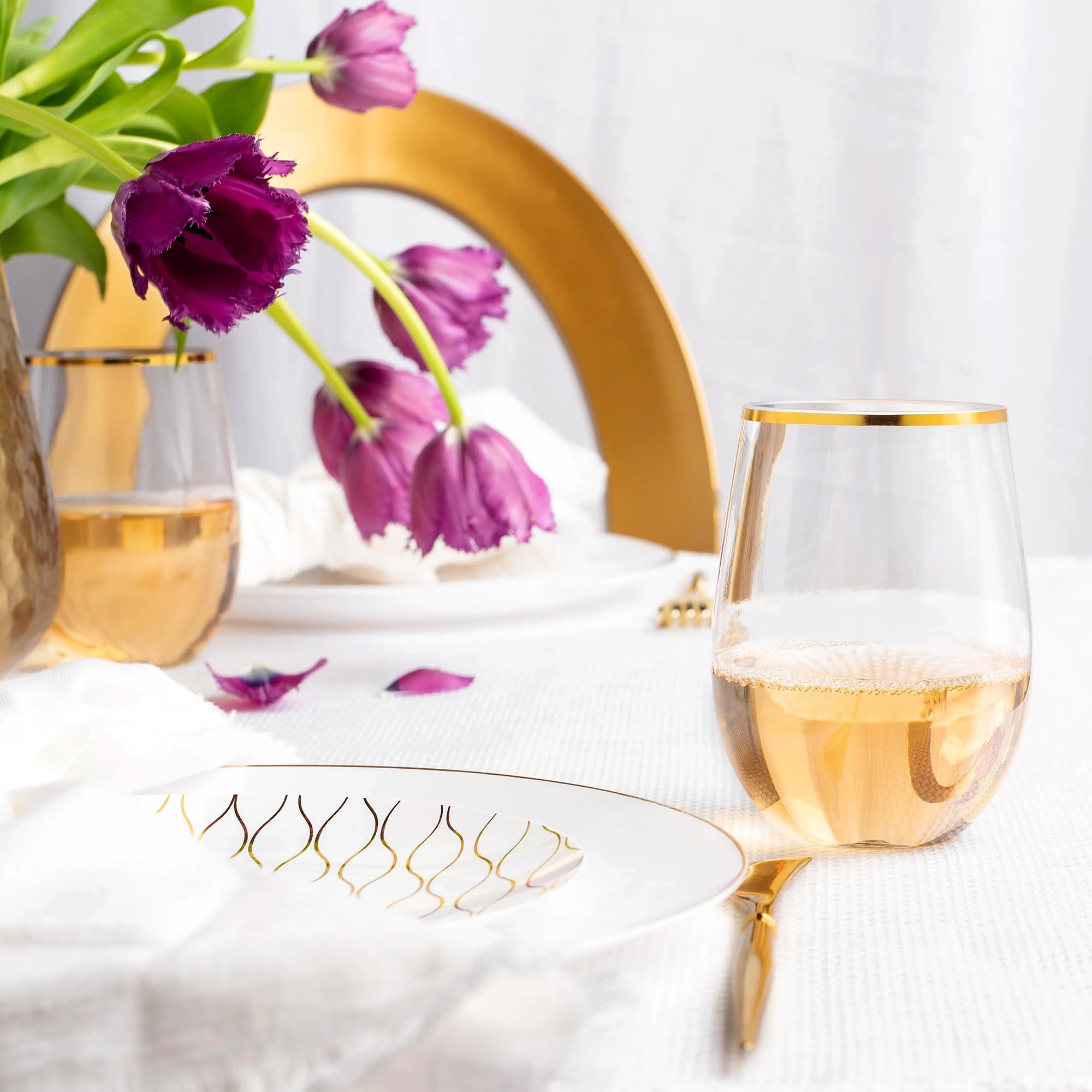 DecorLine Elegant Stemless Wine Goblets - 12 oz (Pack of 6) - Clear with Luxurious Gold Rim - Chic, Durable & Timeless Design - Perfect for Entertaining and Celebrations