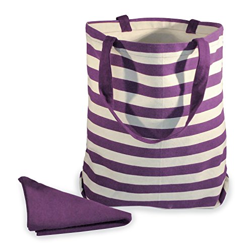 DII CAMZ33546 100% Cotton, Machine Washable Heavy Duty Canvas Reusable Shopping Tote Bag, Natural and Eggplant Damask, Set of 3