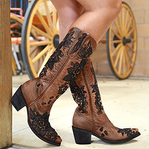 FASDNENDYS Middle Print Embroidery Women Shoes Flowers Round Slip On Toe Retro Booties Heels Mason Wedge Boot Brown