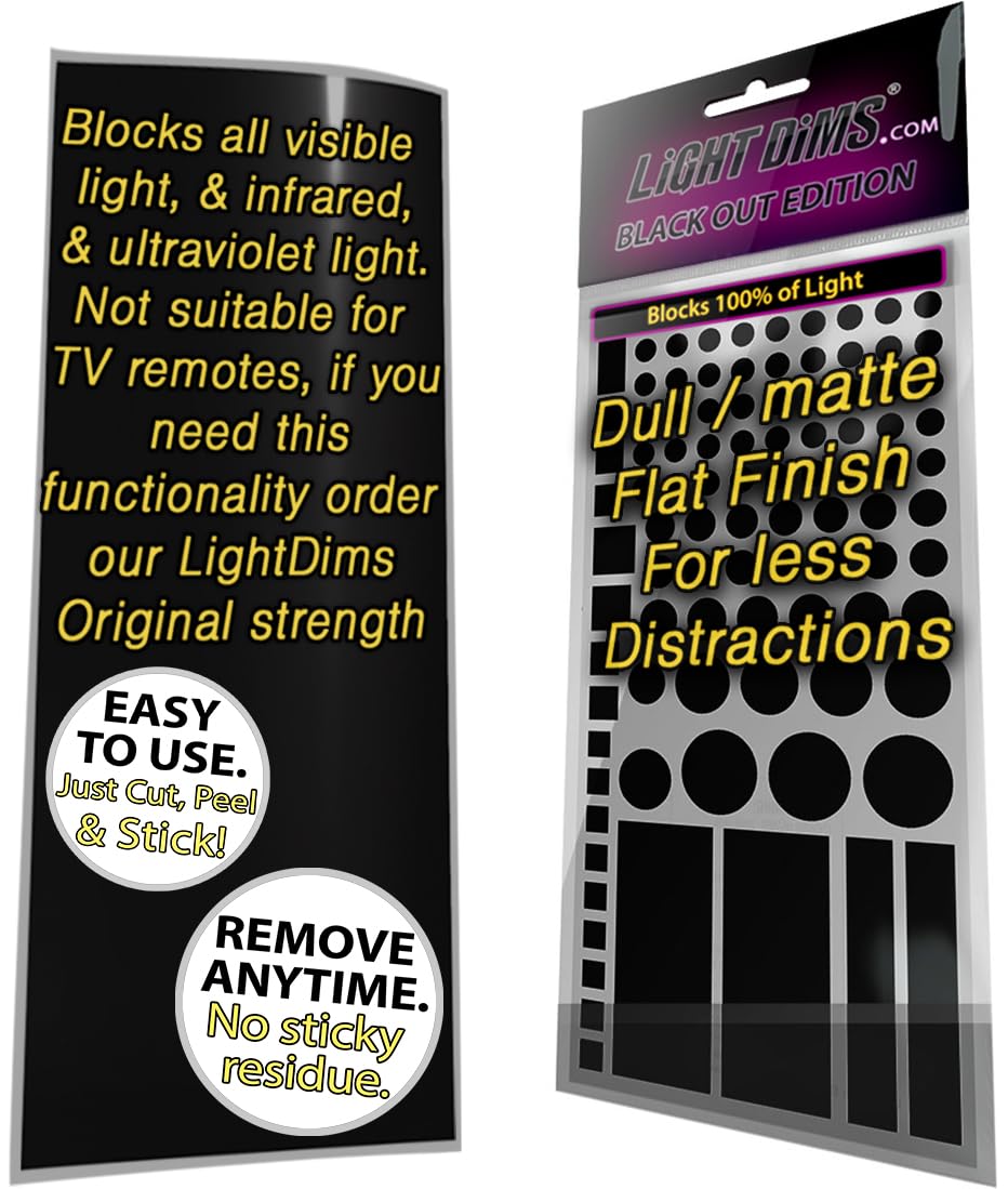 LightDims Black Out Edition Light Blocking LED Covers (2 Sheets) Shapes & Uncut Sheet for Electronics & Appliances. Blocks 100% of Light, in Retail Packaging.