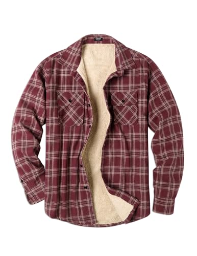 COOFANDY Men Sherpa Lined Shirt Jacket Causal Long Sleeve Quilted Lined Flannel Shirts Dark Red XX-Large