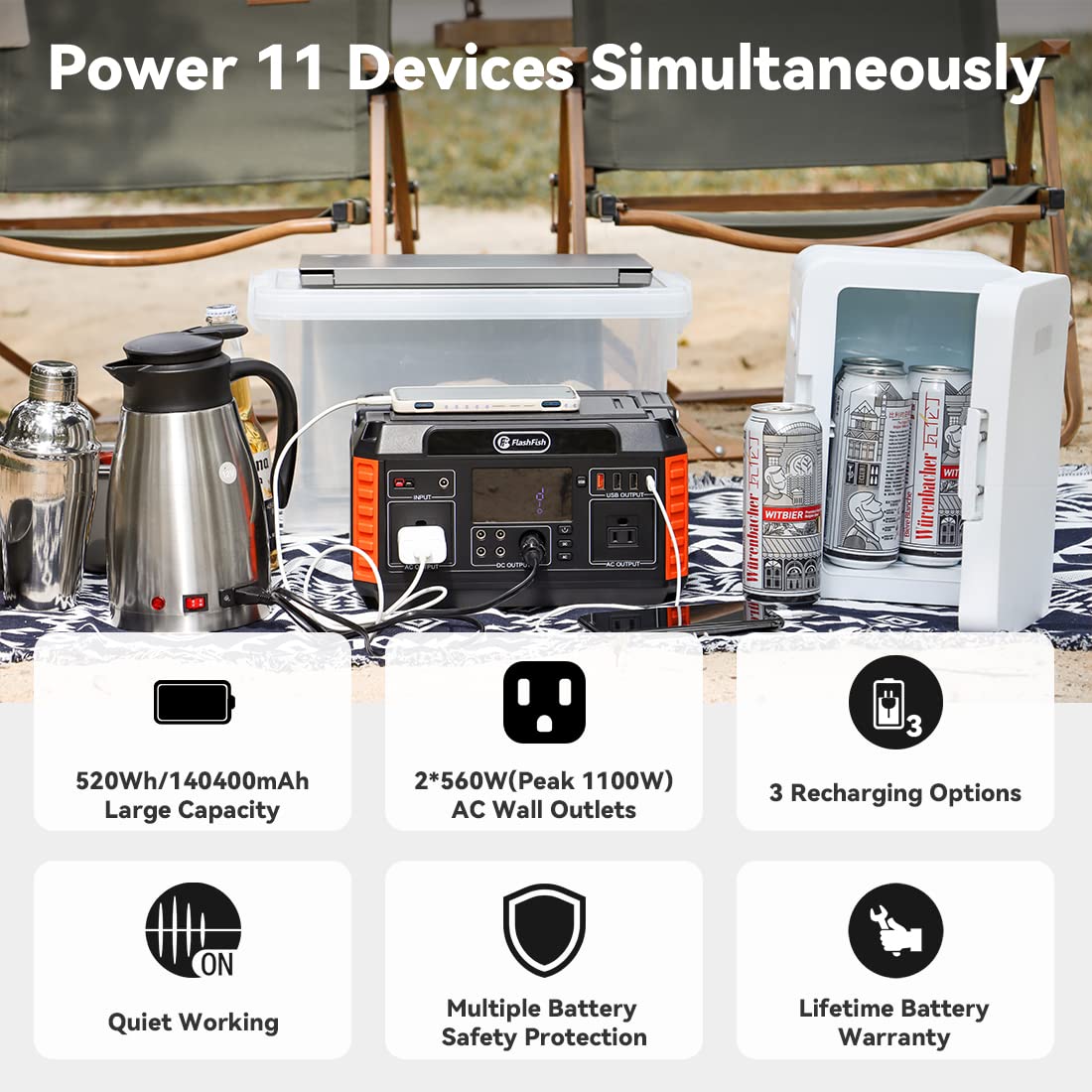 FF FLASHFISH 560W Portable Power Station, 520Wh/140400mAh Solar Generator With 2x110V/560W Surge 1100W AC Outlets, 5xDC Output and 4xUSB Outputs, Backup Power CAPA Battery For Camping/Home/Blackout