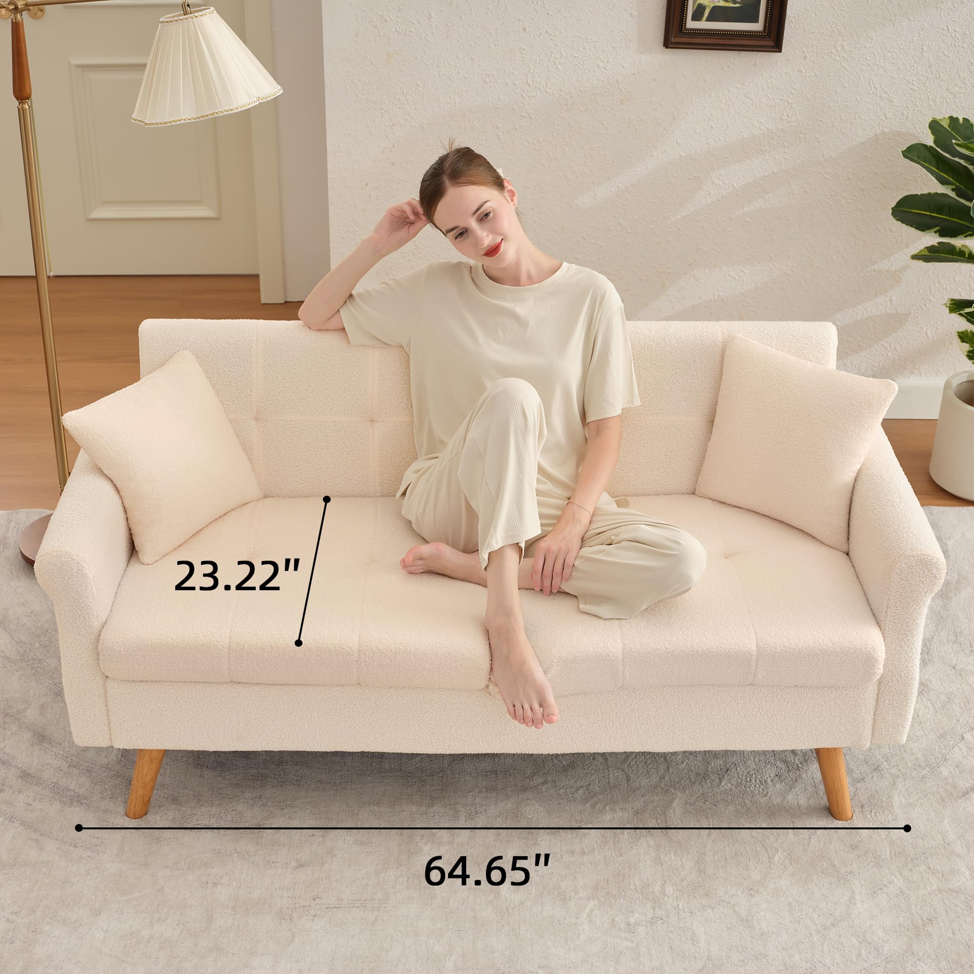 Kingfun Loveseat Sofa, White Love Seat Couches with Throw Pillow, Boucle Small Sofa for Living Room, Bedroom, Office, Button Tufted Upholstered Furniture, Easy to Install