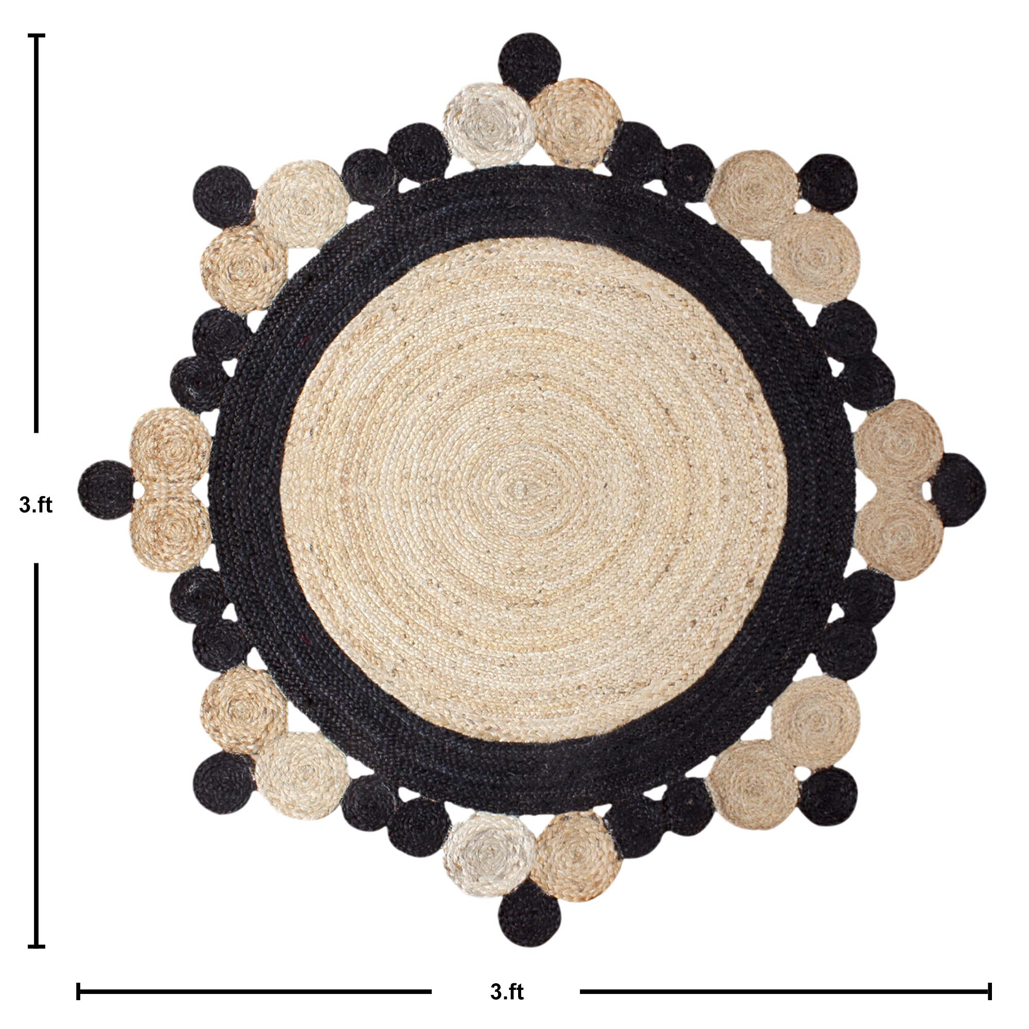 CASAVANI Collection Circle Area Rug - 10 Ft' Round Black Natural Jute Mat Geometric Kilim Rug Indoor Outdoor Use Mat Flatweave Rugs for Bedroom Bedside Round Dining Table Mat Hall & Kitchen