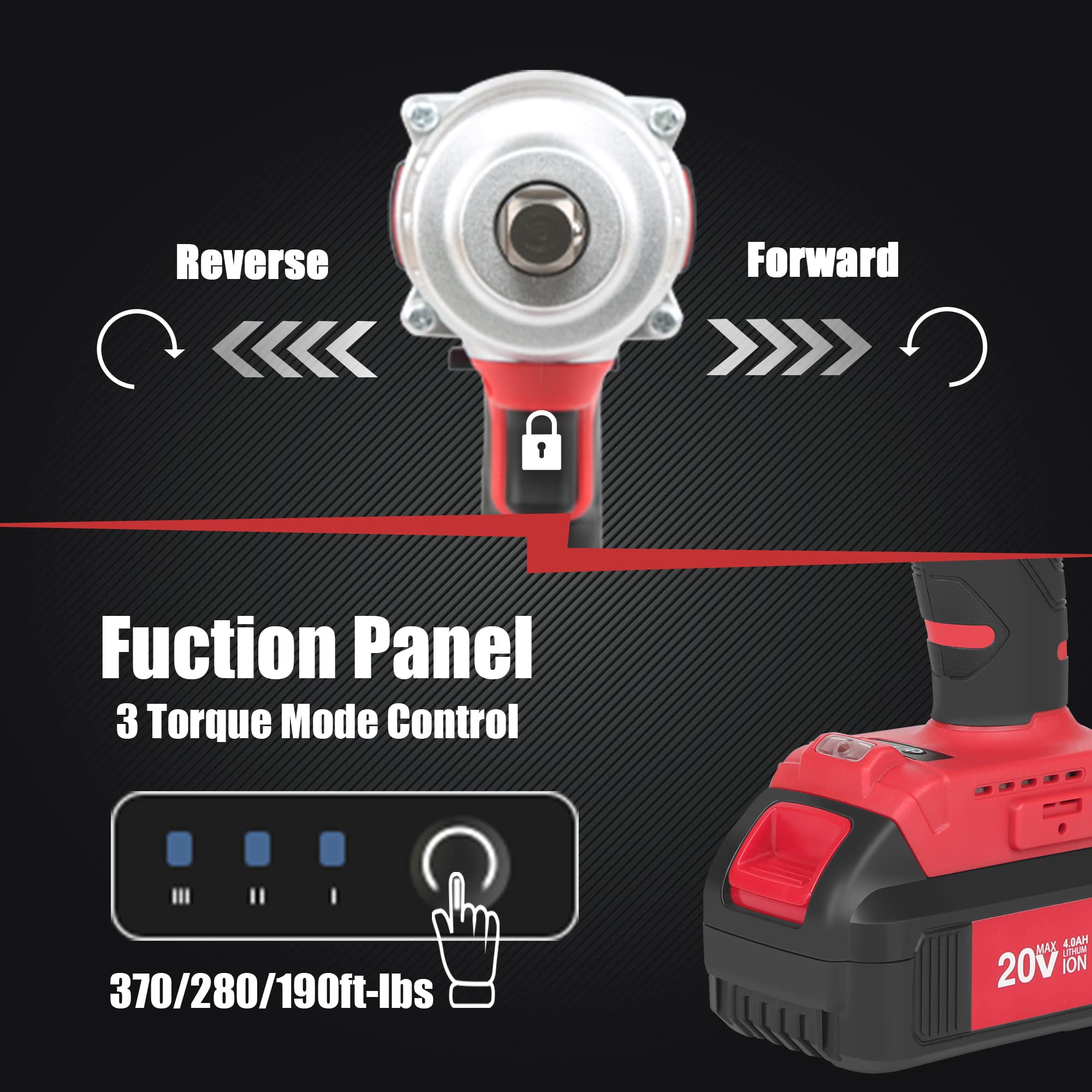 Excited Work 20V Brushless Impact Wrench with 1/2inch 4 Pcs Impact Wrench Socket Set,370 Ft-lbs(500Nm) High Torque,4.0Ah Li-ion Battery Tire Nut Removal Cordless Power Tool