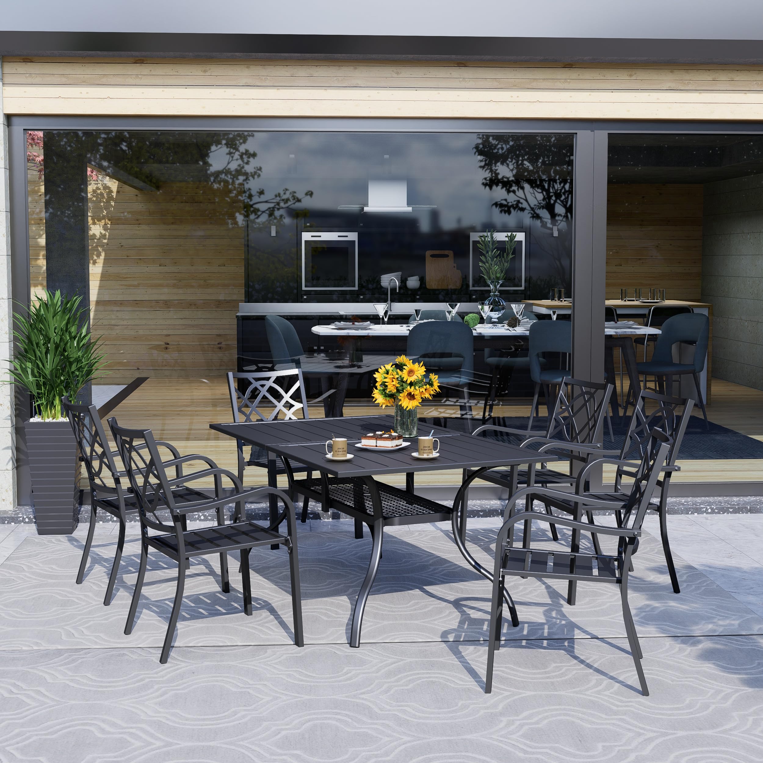Patiomore 7 Piece Outdoor Patio Dining Set, Metal Furniture Set Rectangular Slatted Dining Table with Umbrella Holes & 6 Stackable Backyard Garden Chairs