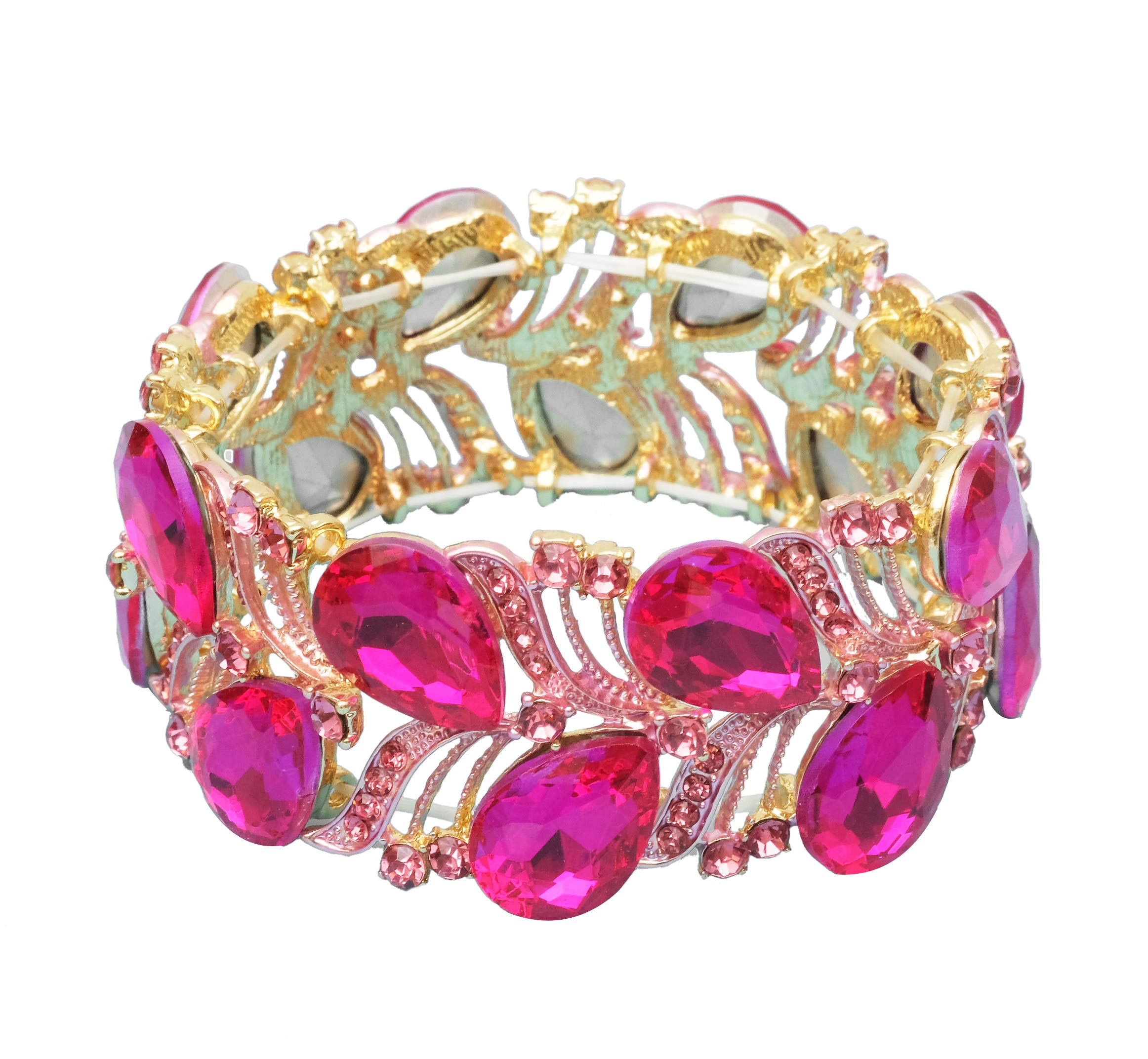 CSY Elegant Stretch Bangle Bracelets Bridal Art Deco Teardrop Crystal Elastic Wide Statement Bracelet for Women Party Prom (hot pink crystal-gold tone)