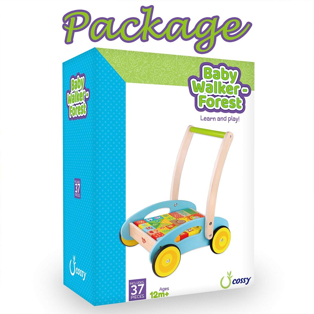 cossy Wooden Baby Learning Walker Toddler Toys for 1 Year Old Forest Theme Blocks & Roll Cart Push Toy (37 Pcs) Updated Version