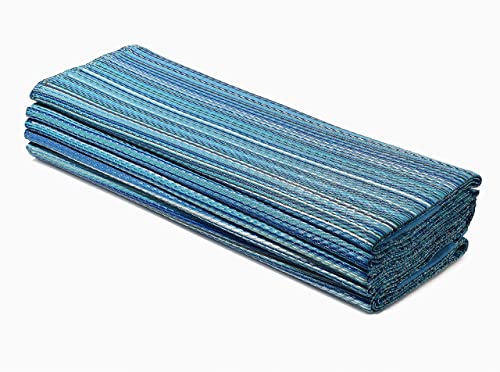 FH Home Outdoor Camping Rug - Waterproof, Fade Resistant, Reversible - Premium Recycled Plastic - Striped - Large Patio, Deck, Sunroom, RV - Havana - Turquoise - 9 x 12 ft Foldable