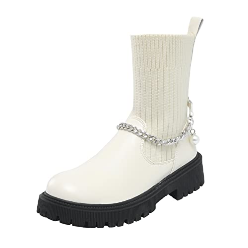 FASDNENDYS Shoes Short Boots Ankle Heels Women's Leather Chunky Casual Fashion Roman Women's Chestnut Boot White