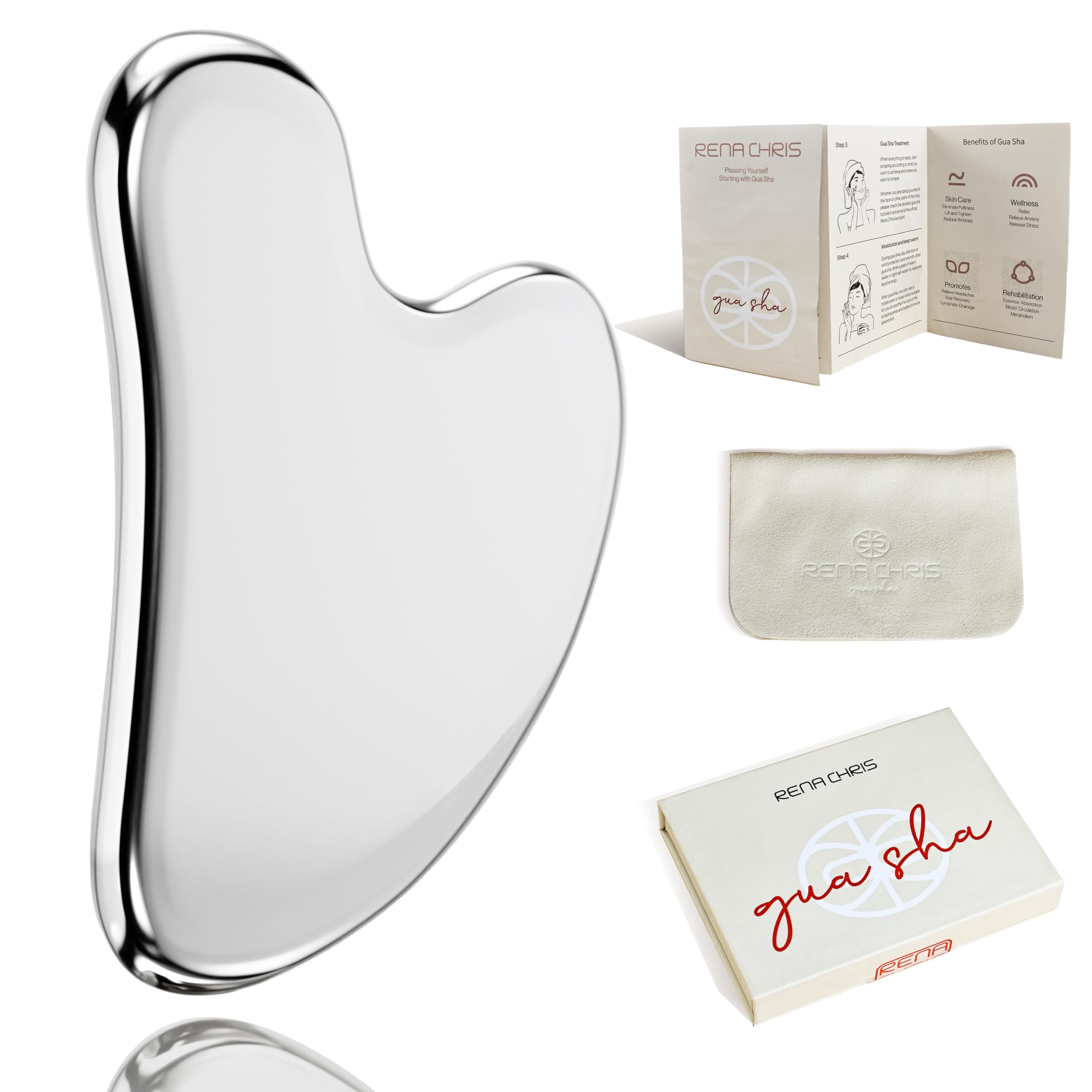 Rena Chris Gua Sha Facial Tools, Stainless Steel Guasha Tool for Acupuncture, Manual Massage Sticks for Jawline Sculpting and Puffiness Reducing, Gua Sha Scraping Massage Tool, Skin-Care Tool (Sliver)