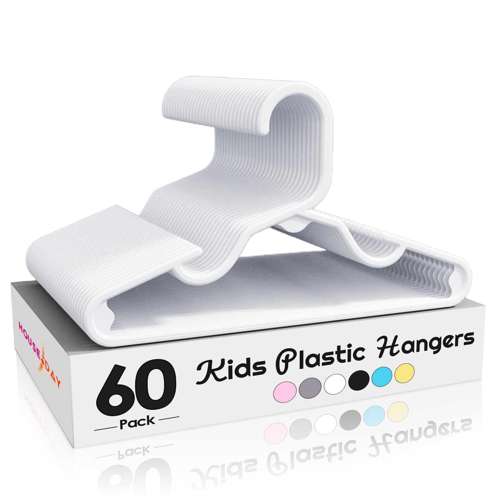 HOUSE DAY Premium Baby Hangers 60 Pack, 11 Inch Kids Plastic Hangers White, Slim Childrens Hangers for Infant, Toddler, and Child Clothes, Durable Baby Clothes Hangers for Closet