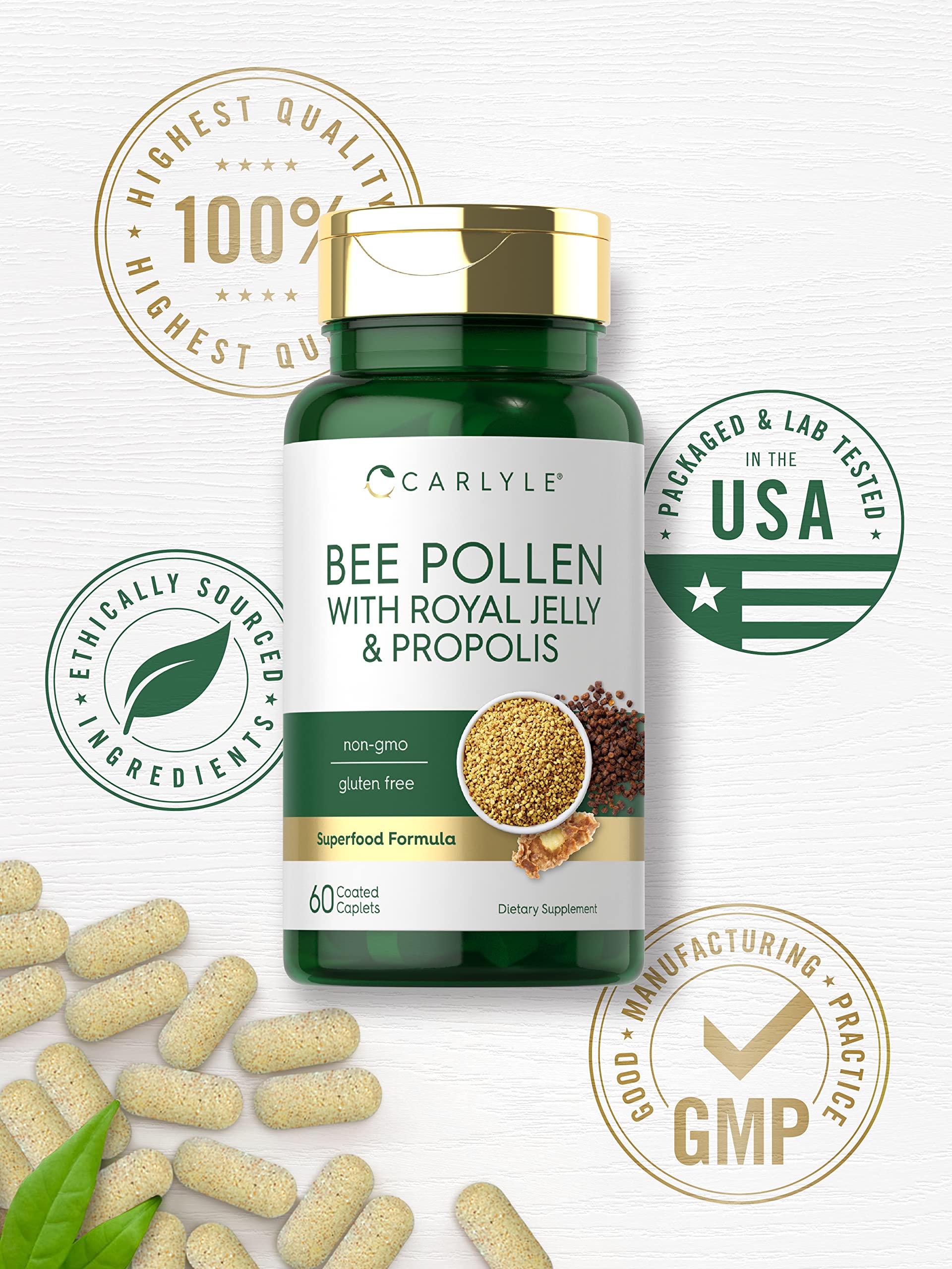 Carlyle Royal Jelly Propolis & Bee Pollen Supplement | 60 Count | Vegetarian, Non-GMO, Gluten Free