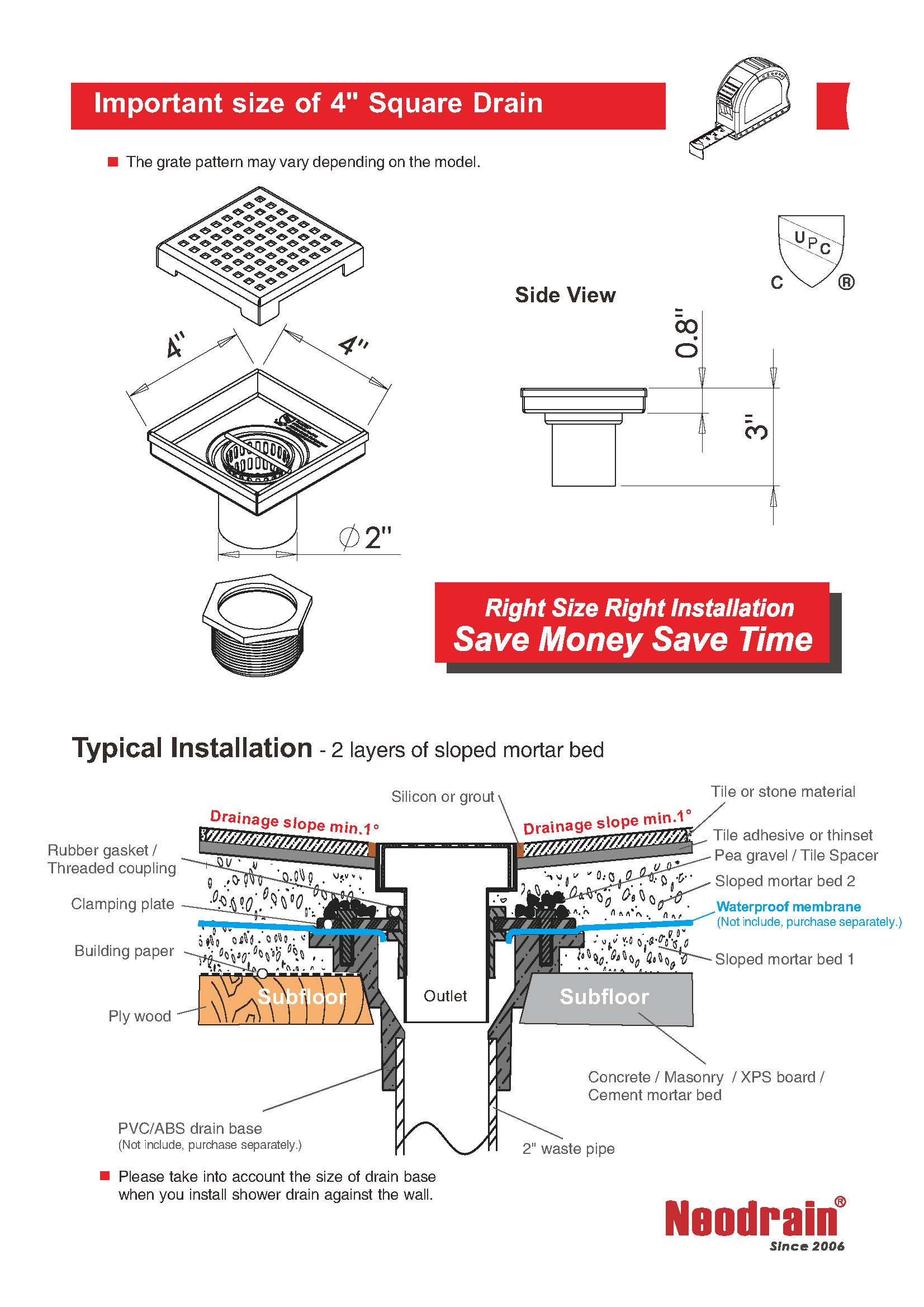 Neodrain 4-Inch Square Shower Drain with Removable Quadrato Pattern Grate, PVC Shower Drain Base and Rubber Gasket for Bathroom Floor Drain, Brushed 304 Stainless Steel, Includes Hair Strainer
