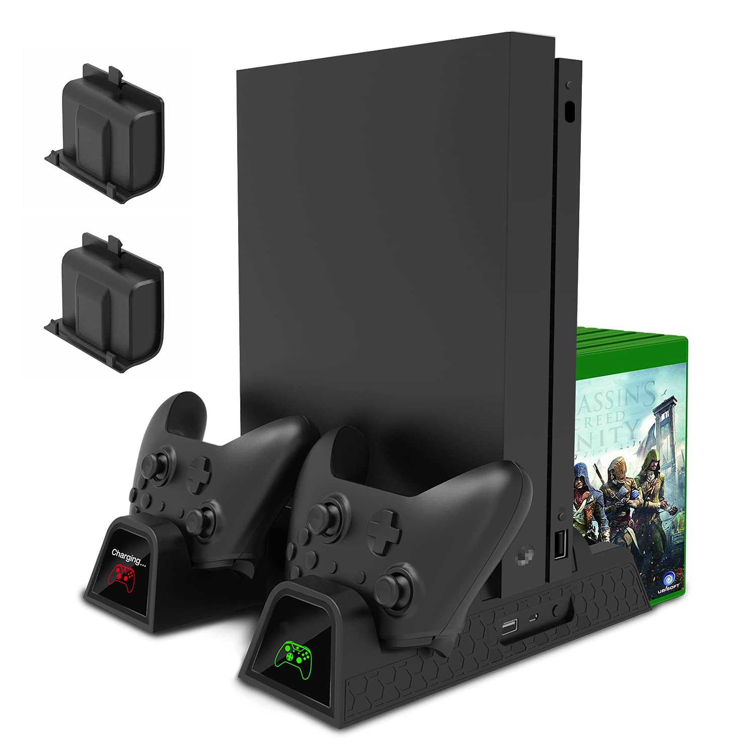Charging Station for Xbox One Xbox One S Xbox One X Console and Controllers, Stand Accessories with 600 mAh Batteries 2 Pack,2 Cooling Fans,LED Indicators and Games Storage