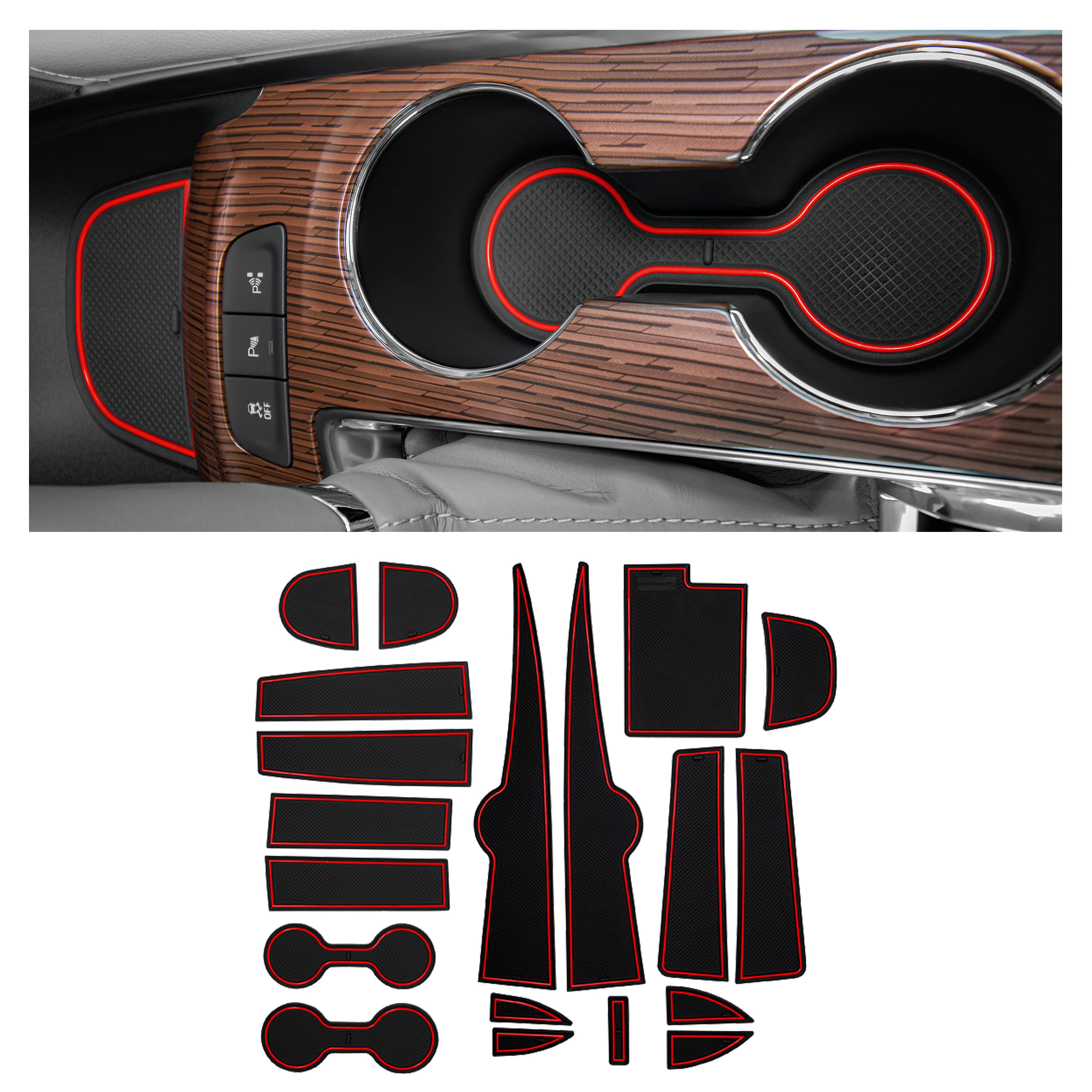 CupHolderHero fits Chevy Malibu Accessories 2016-2024 Premium Custom Interior Non-Slip Anti Dust Cup Holder Inserts, Center Console Liner Mats, Door Pocket Liners 18pc Set (Red Trim)