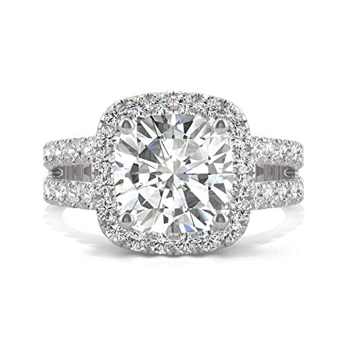 Charles & Colvard Created Moissanite 9mm Cushion Cut Engagement Ring for Women | 4.24 cttw DEW | Lab Grown | Solid 14K White Gold with Rhodium | Size 7.5