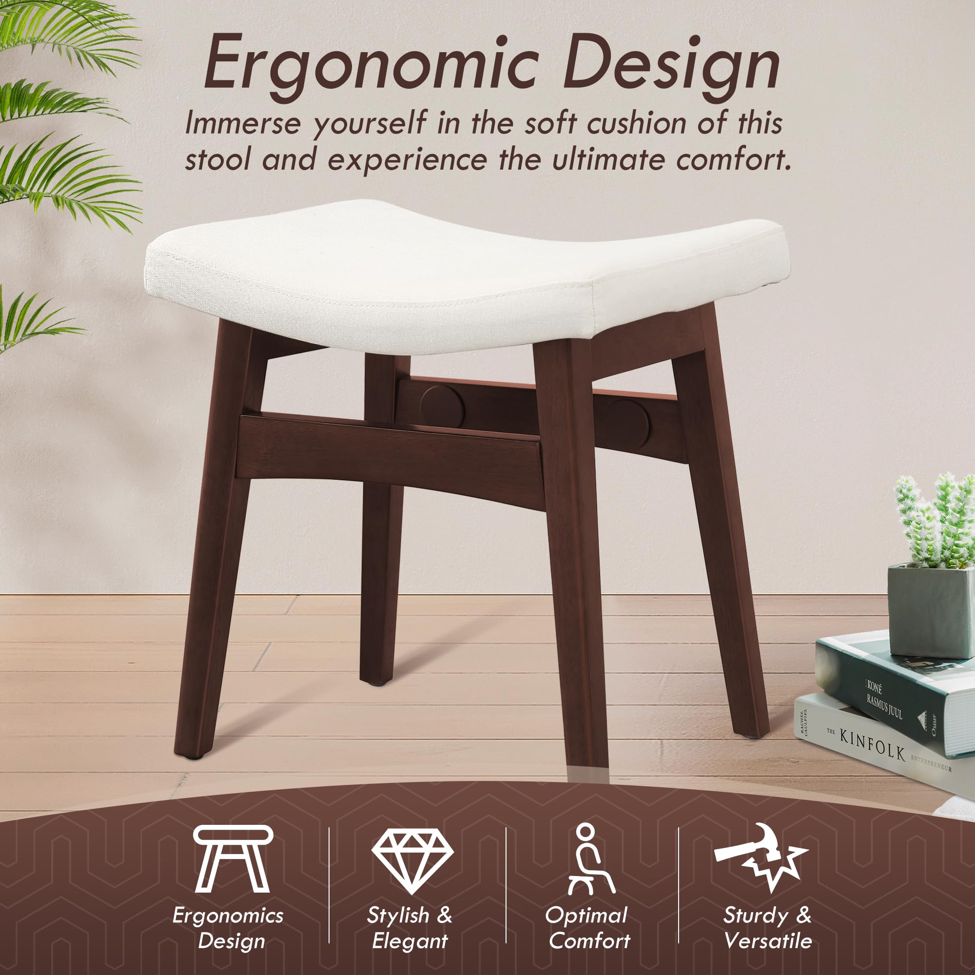 COSTASKF Vanity Stool, Saddle Cushion Foot Stool, Modern Vanity Bench Ottoman with Solid Wood Legs and Upholstered Seat for Entryway, Bedroom,Walnut Color Leg - White Linen Fabric Cushion