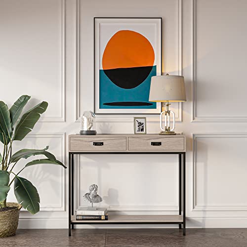 roomfitters Oak Wood Console Table with 2 Drawers, Hallway Foyer Table with Storage Shelves, Narrow Long Sofa Table, Side Table for Living Room, Hallway, Black Metal Frame, Rustic Brown