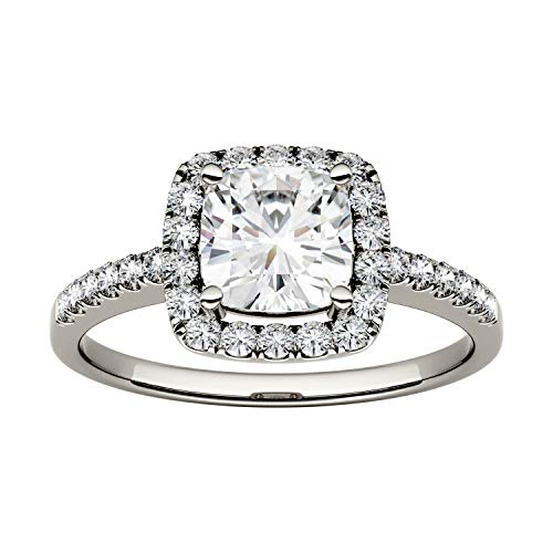 Charles & Colvard Created Moissanite 6mm Cushion Cut Engagement Ring for Women | 1.4 cttw DEW | Lab Grown | Solid 14K White Gold with Rhodium | Size 7