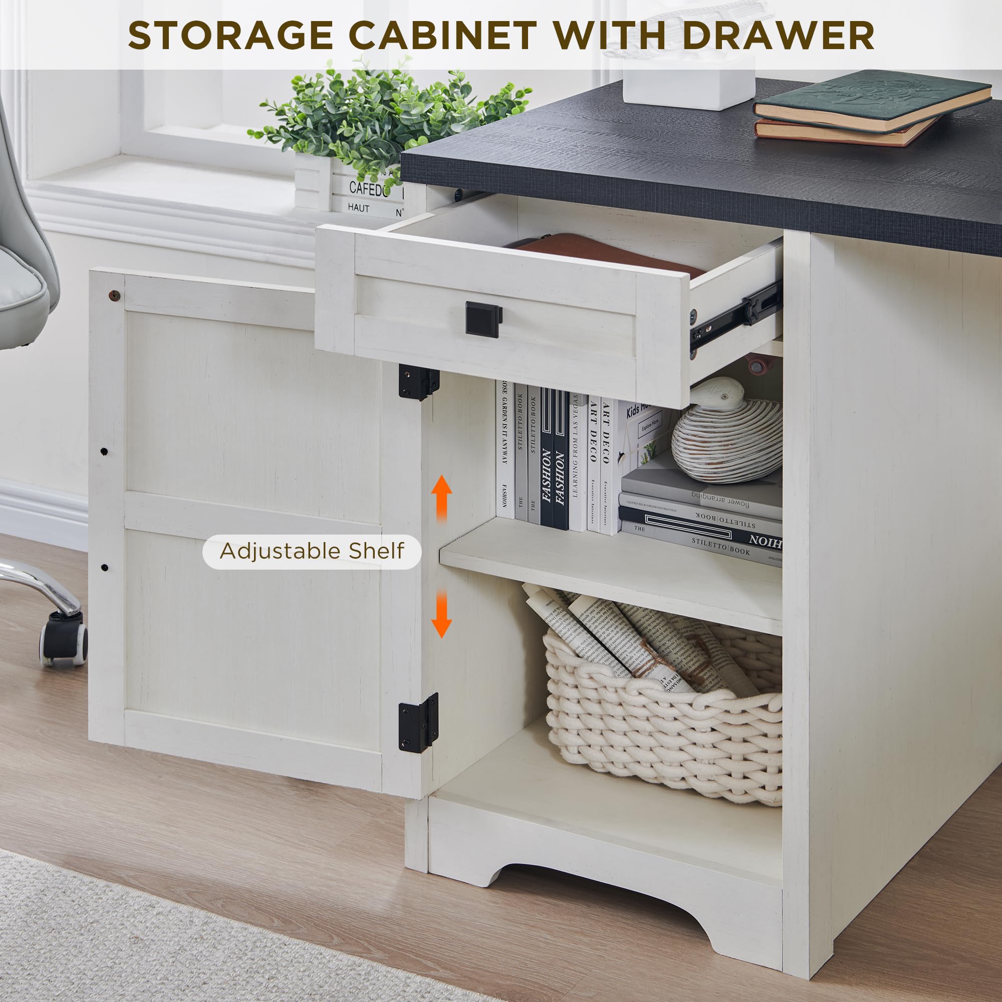 JXQTLINGMU L Shaped Desk, Corner Computer Desk with File Drawer & Charging Station, Home Office 59x59Inch Huge Workspace Study Writing Desk, Off White