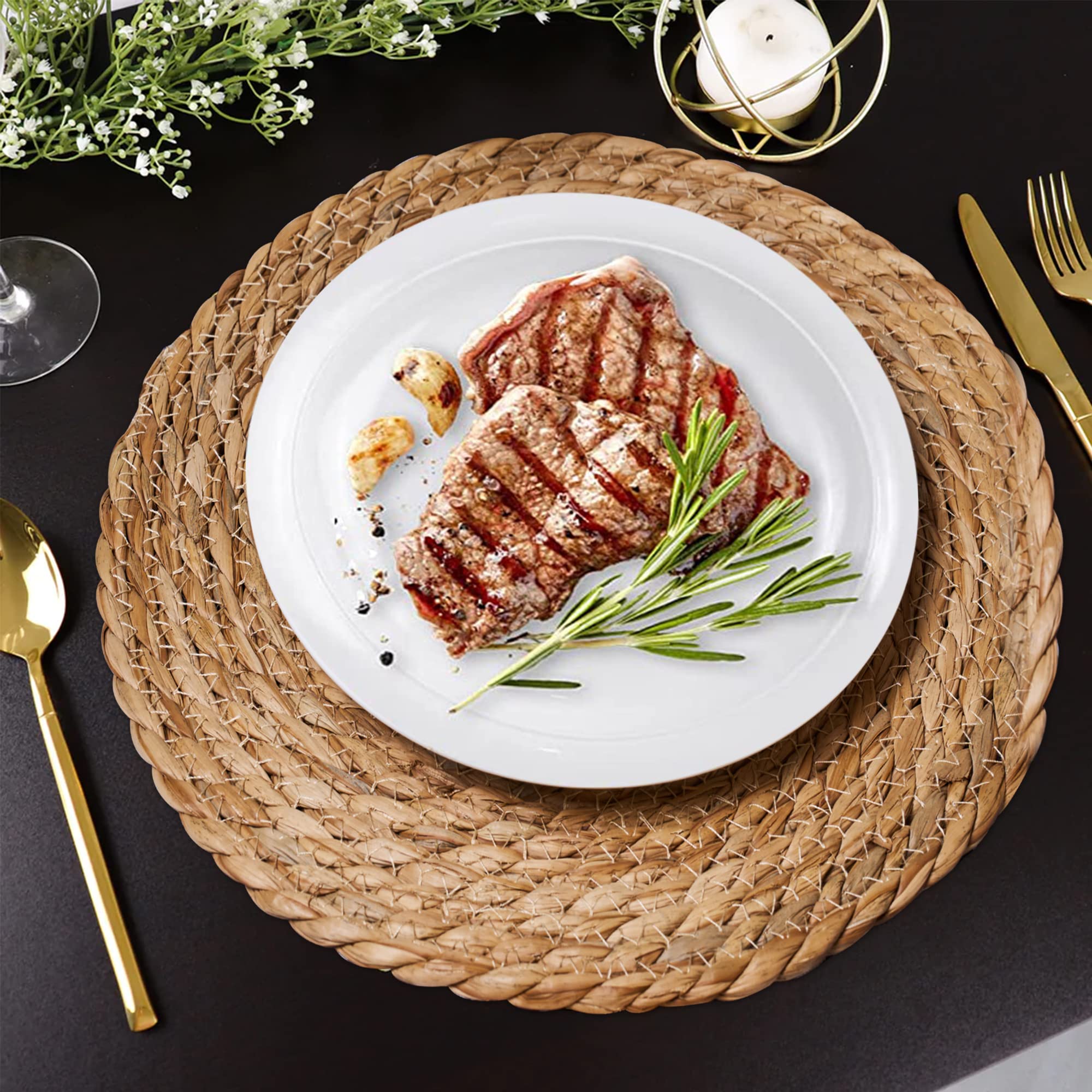 Defined Deco Woven Placemats Set of 10,12" Round Rattan Placemats,Natural Hand-Woven Water Hyacinth Placemats,Farmhouse Weave Place Mats,Rustic Braided Wicker Table Mats for Dining Table,Home,Wedding.