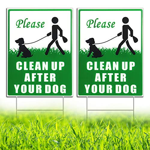 HISVISION Please Clean Up After Your Dog 2 Pack, 12" x 9" Yard Sign with Metal Wire H-Stakes, UVresistance, Waterproof, Non-Fading, Easy to Install No Pooping Dog Lawn Sign- Double Sided
