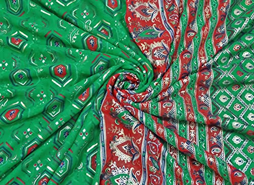 Peegli Vintage Indian Green Georgette Blend Art Décor DIY Fabric Casual Sarong Wrap Printed Textile
