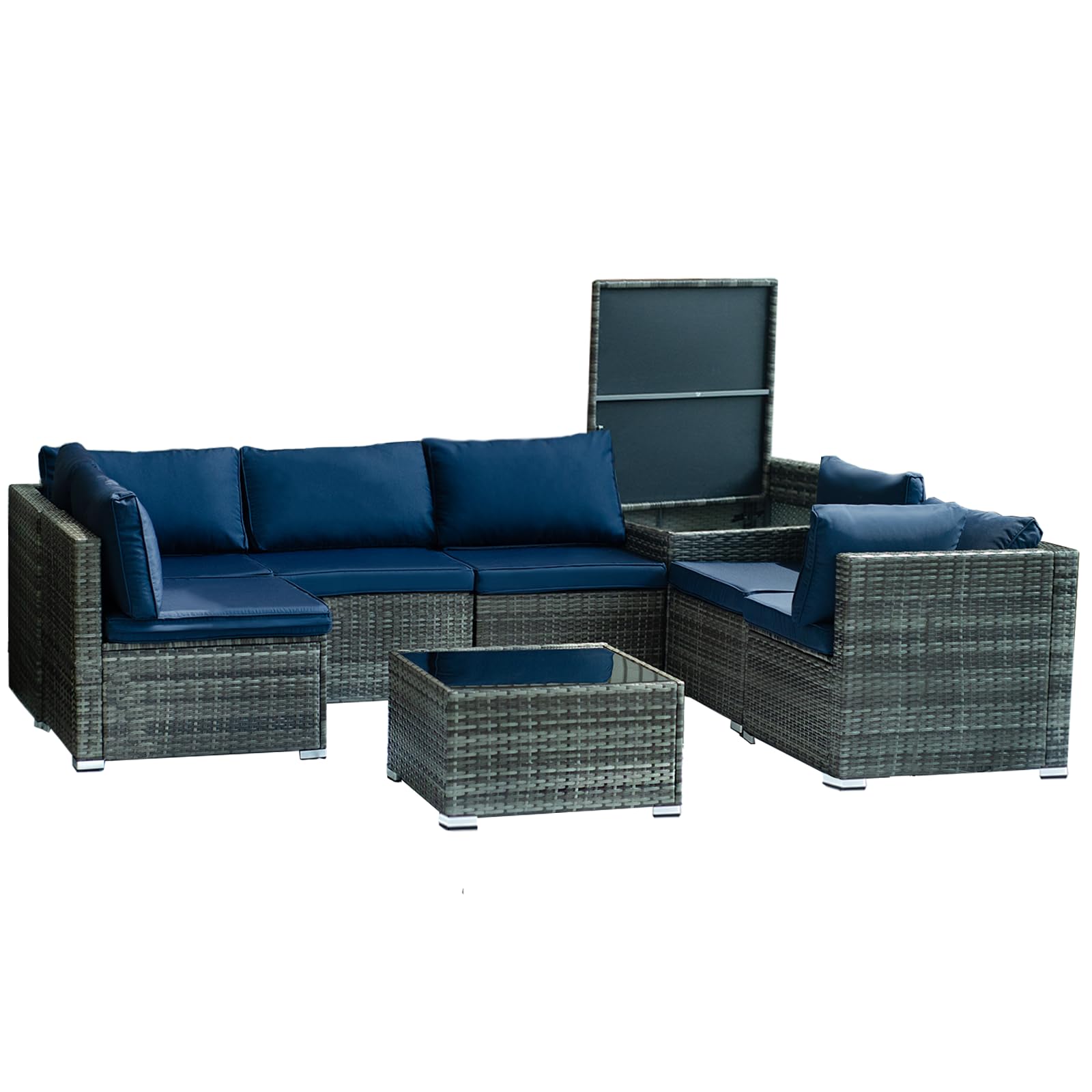 Generic 8 Pieces Outdoor Wicker Rattan Patio Furniture Sectional Set, Modular Sofa Sections with Cushions, PE Rattan Wicker Conversation Sets with Glass Top Coffee Table & Hidden Storage (Gray-Blue)