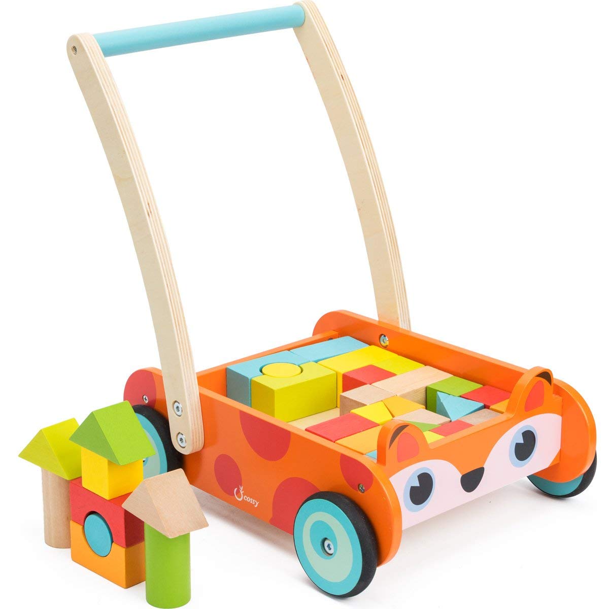 cossy Wooden Baby Learning Walker Toddler Toys for 1 Year Old and up, Fox Blocks and Roll Cart Push Toy (35 pcs) UPDATED VERSION