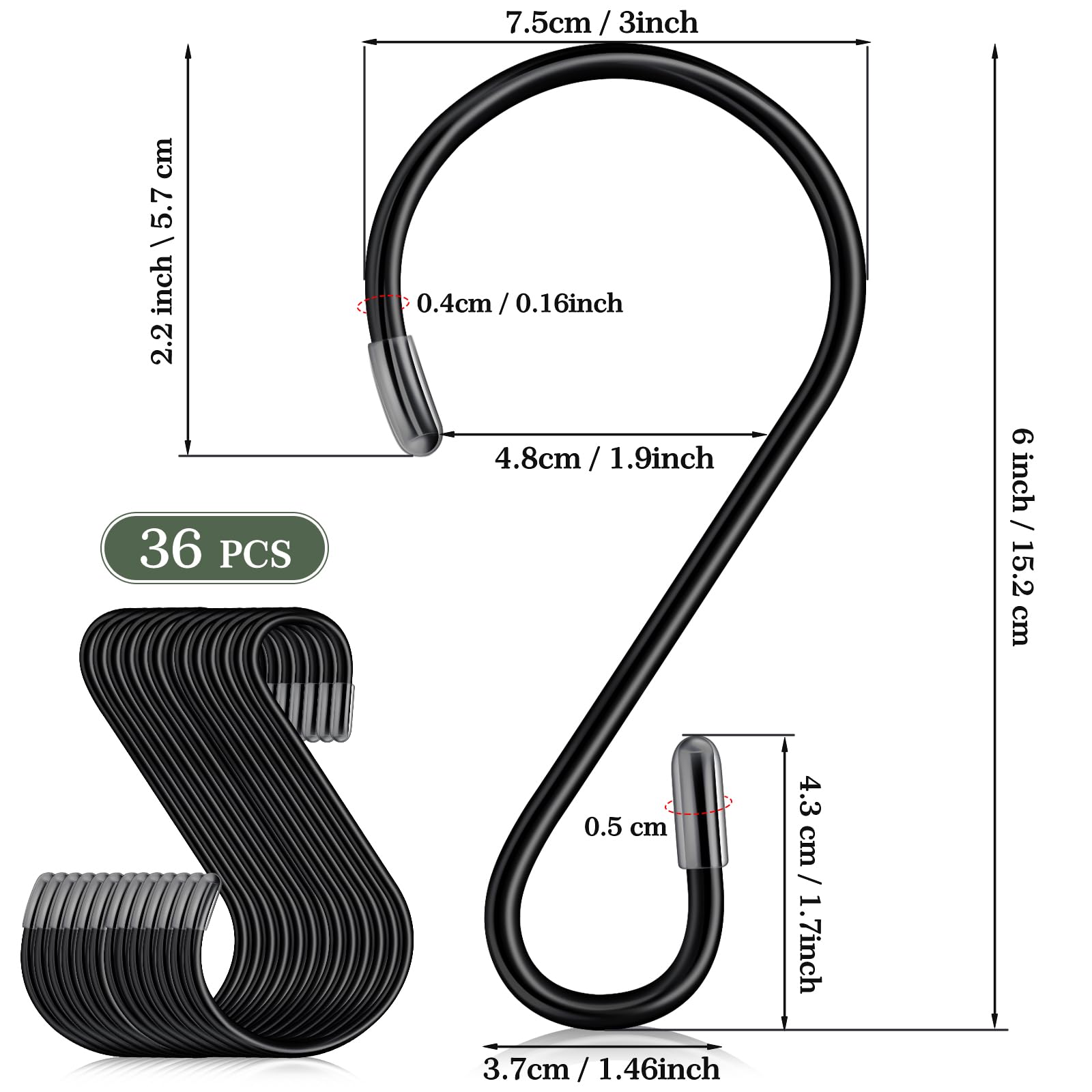 Hotop 36 Pieces 6 Inch S Shaped Stainless Steel Hooks Metal Hanging Hooks Curtain Hooks Pan Pot Holder Rack Hooks for Hanging Pot, Pan, Cups, Plants, Bags, Jeans, Towels (Black)