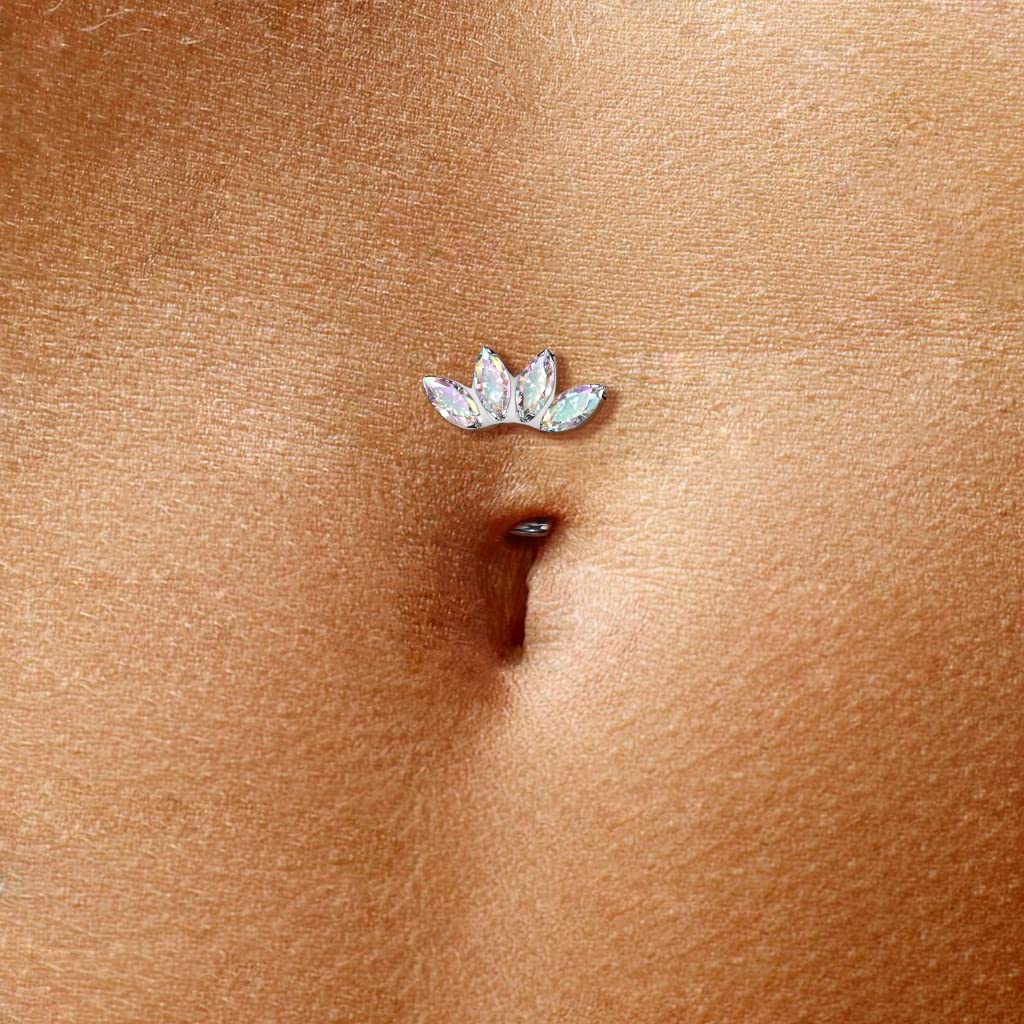 Dynamique Implant Grade Titanium Threadless Convex Base Floating Belly Ring With 4 Marquise CZ Fan Top (Sold Per Piece)