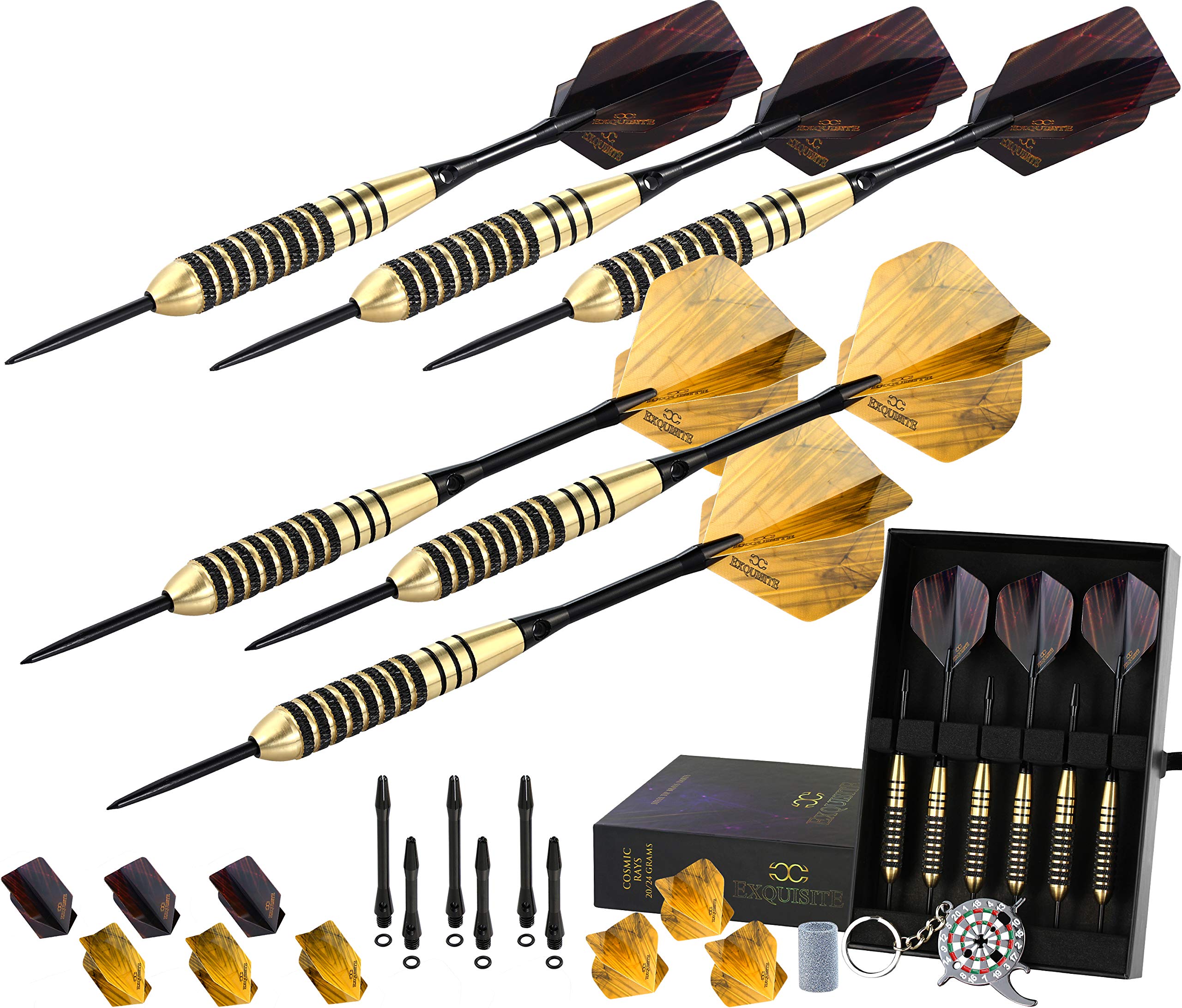 CC-EXQUISITE Premium Steel Tip Darts Set - Professional Darts, Brass Barrels, Metal Tip Darts, Extra Flights, (12) Aluminum Shafts 35/48, O-Rings, Dart Tool, Dart Sharpener, Darts Case