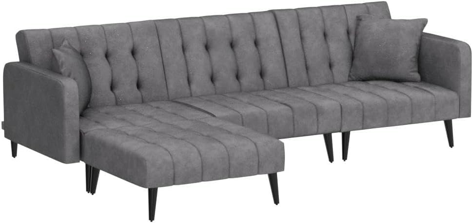 KissAir Modern Linen sectional Convertible Sofa Bed Reversible Sectional Sofa Sleeper Mid-Century Upholstered Comfy Couches for Living Room w/Chaise Lounge,Split-Back,Removable Armrests(Dark Grey)