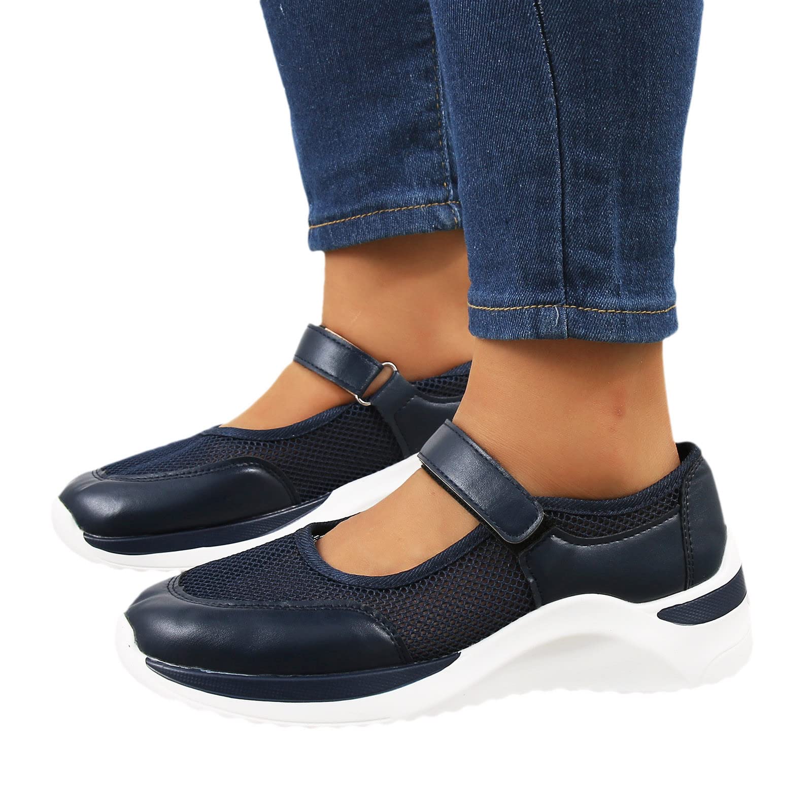 FASDNENDYS Ladies Fashion Colorblock Mesh Breathable Hook Loop Comfortable Platform Quick Dry Hiking Shoe Dark Blue