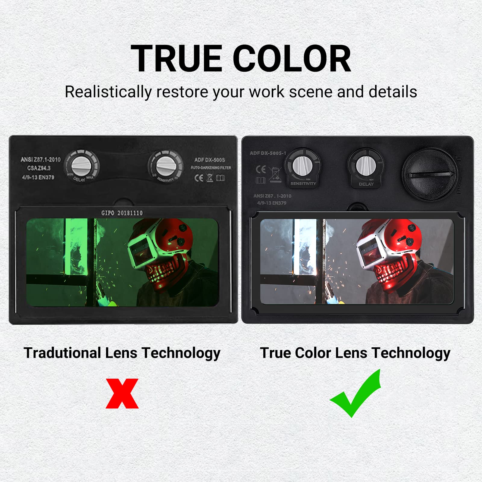 DEKORPO Welding Helmet Auto Darkening: True Color Solar Powered Auto Darkening Welding Helmets Welder Mask Hood (Skull Design)
