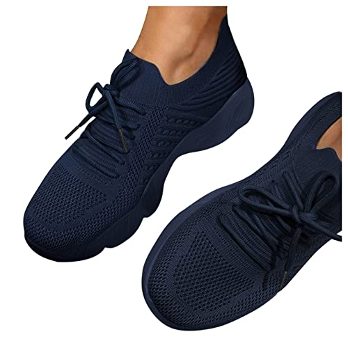 FASDNENDYS Ladies Fashion Solid Color Mesh Breathable Round Toe Lace Up Low Top Flat Beach Shoes Dark Blue
