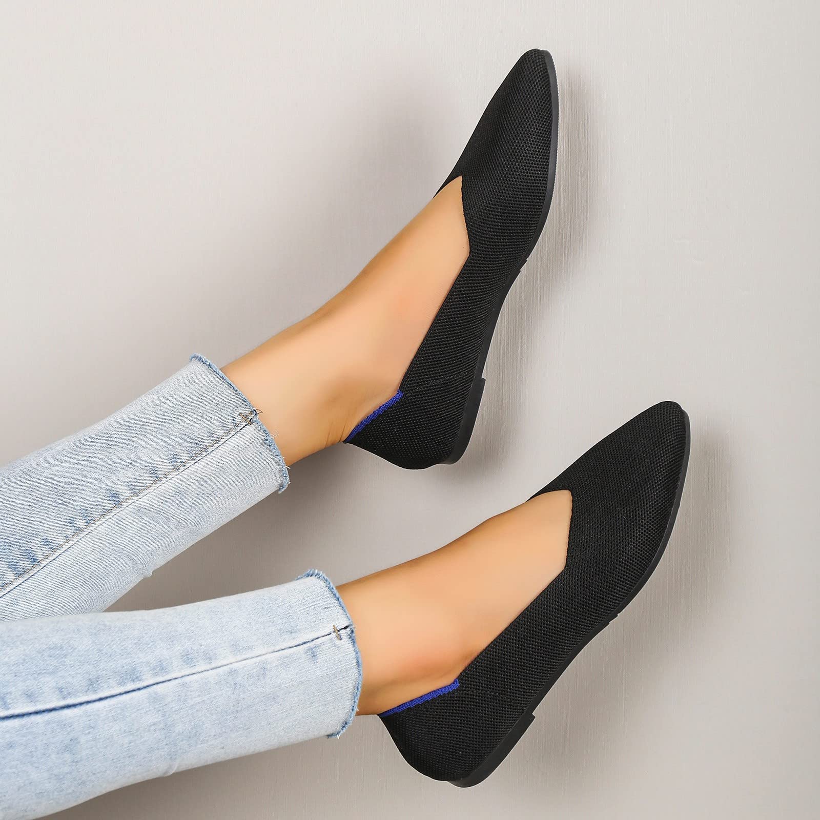 FASDNENDYS Ladies Fashion Solid Color Breathable Mesh Pointed Comfort Flat Casual Shoes Mens Casual Shoes Mid Black