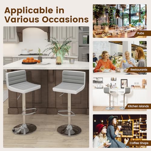 COSTWAY Adjustable Bar Stools Set of 4, Modern Swivel PU Leather Bar Chairs with Back, Footrest, Counter Height Upholstered Barstools for Kitchen Island Dining Living Room Bistro Pub Cafe, Grey+White
