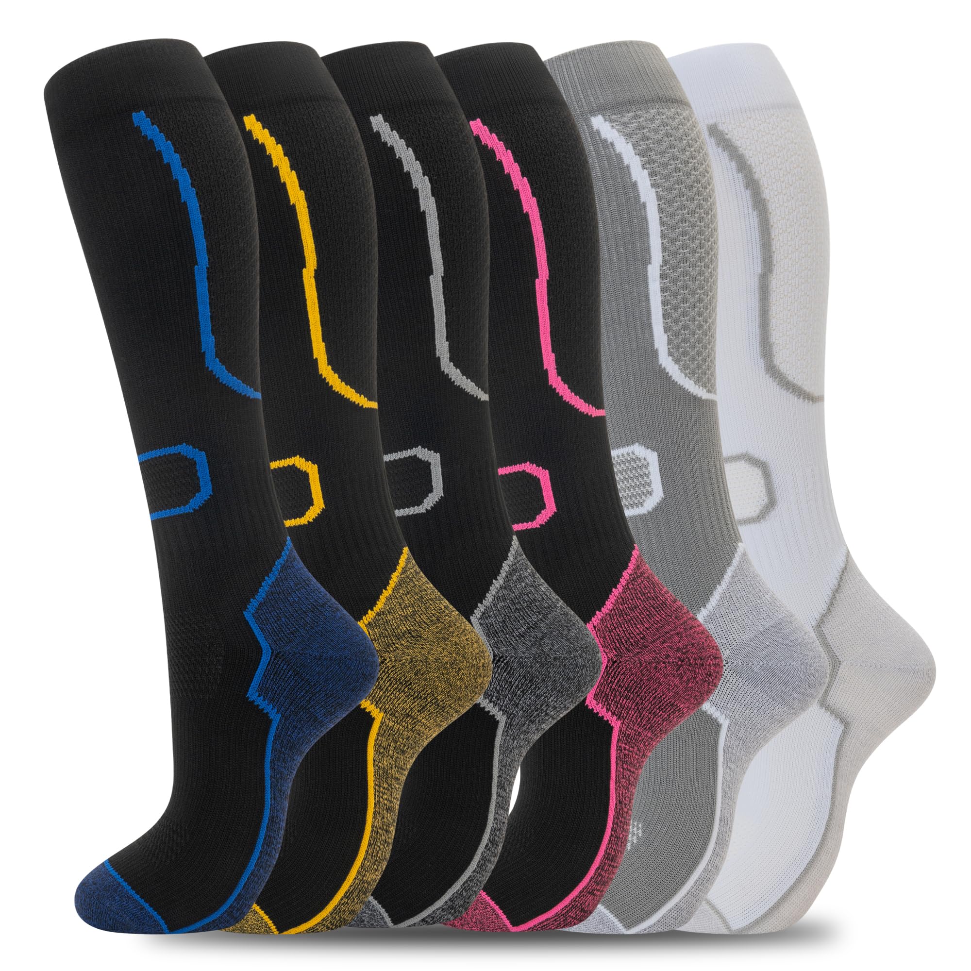 fenglaoda 6 Pairs Compression Socks for Women & Men Knee High Cute Circulation Socks for Nurse Pregnant Travel Athletic