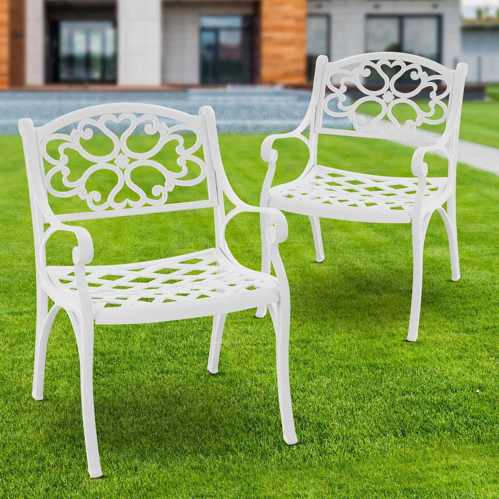 PATIO-IN Outdoor Patio Chairs Set of 2 Metal Patio Bistro Dining Chairs with Armrests,Cast Aluminum Patio Furniture Bistro Chairs for Porch,Poolside,White