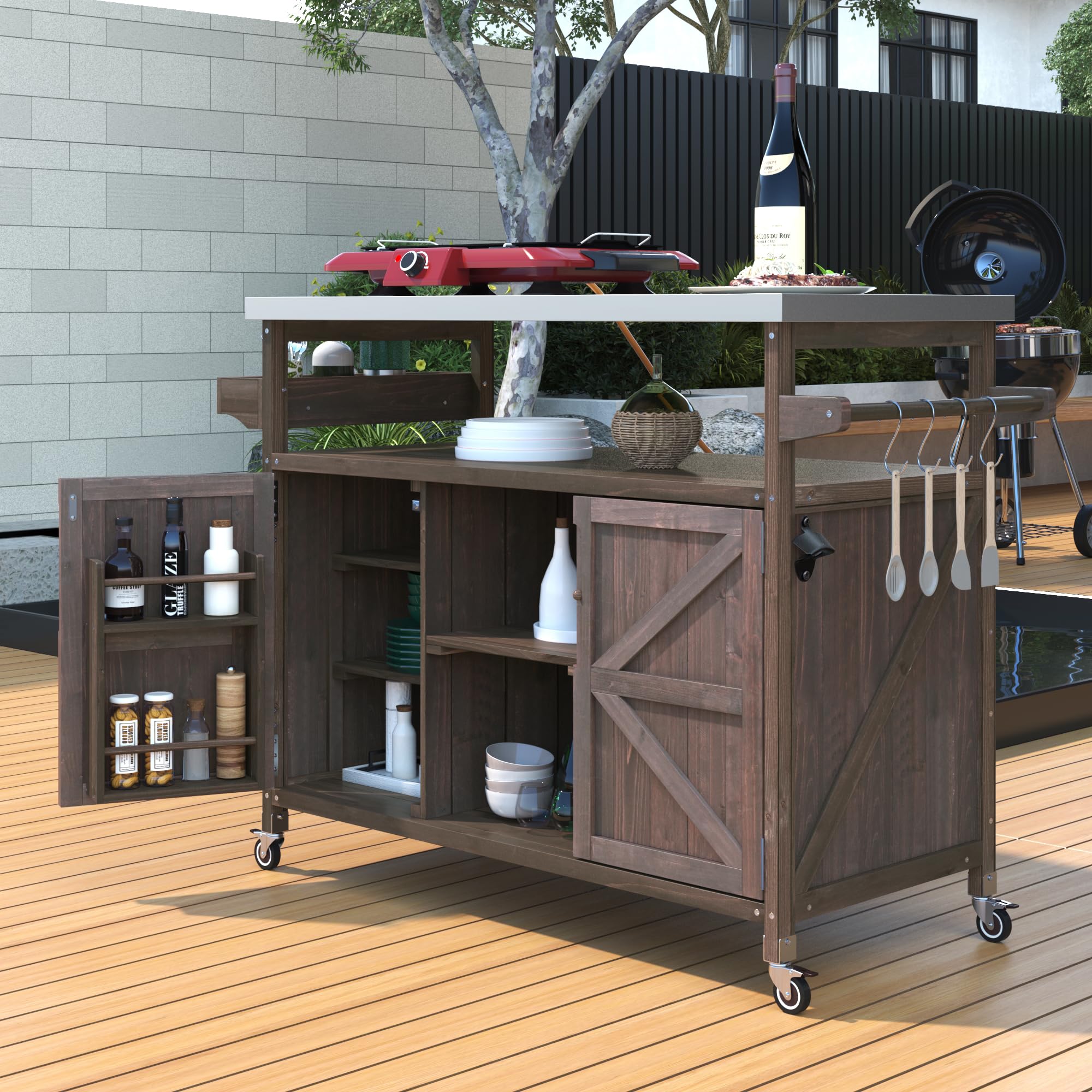 HOMIQUEEN Outdoor Kitchen Island on Wheels, Outdoor Grill Cart with Storage, Portable Outdoor Table with Stainless Steel Tabletop for Kitchen Prep and Outdoor Storage Cabinet for BBQ, Dark Brown
