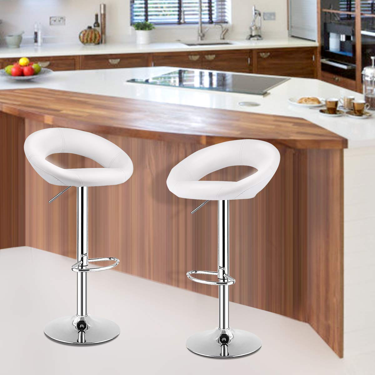 COSTWAY Bar Stools, Set of 4 Modern Swivel Adjustable Barstool, PU Leather Backless Stools, with Chrome Plated Footrest and Base, for Kitchen, Bistro, Pub, White