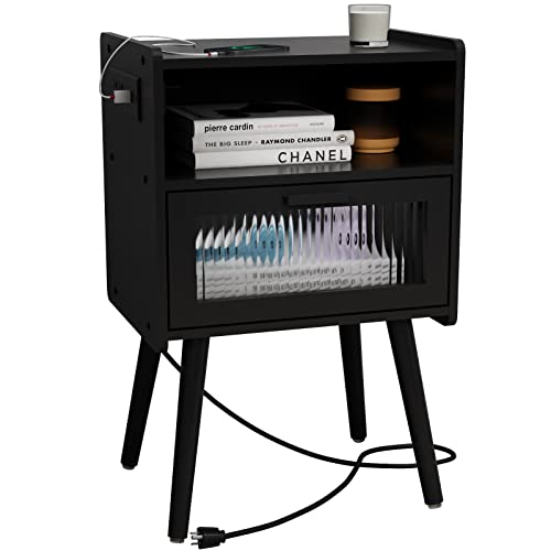 SOOWERY Mid Century Modern Nightstand with Charging Station, Bedside Tables with Glass Drawer, End Table Side Table with 2 Tiers Storage Space, for Bedroom, Living Room, Black